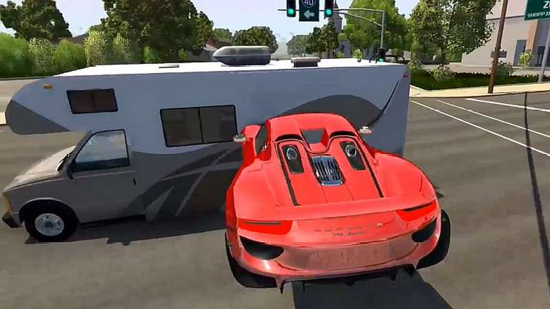 BeamNG:保时捷918跑车开足马力飞跃冲向小房车,模拟真实车祸