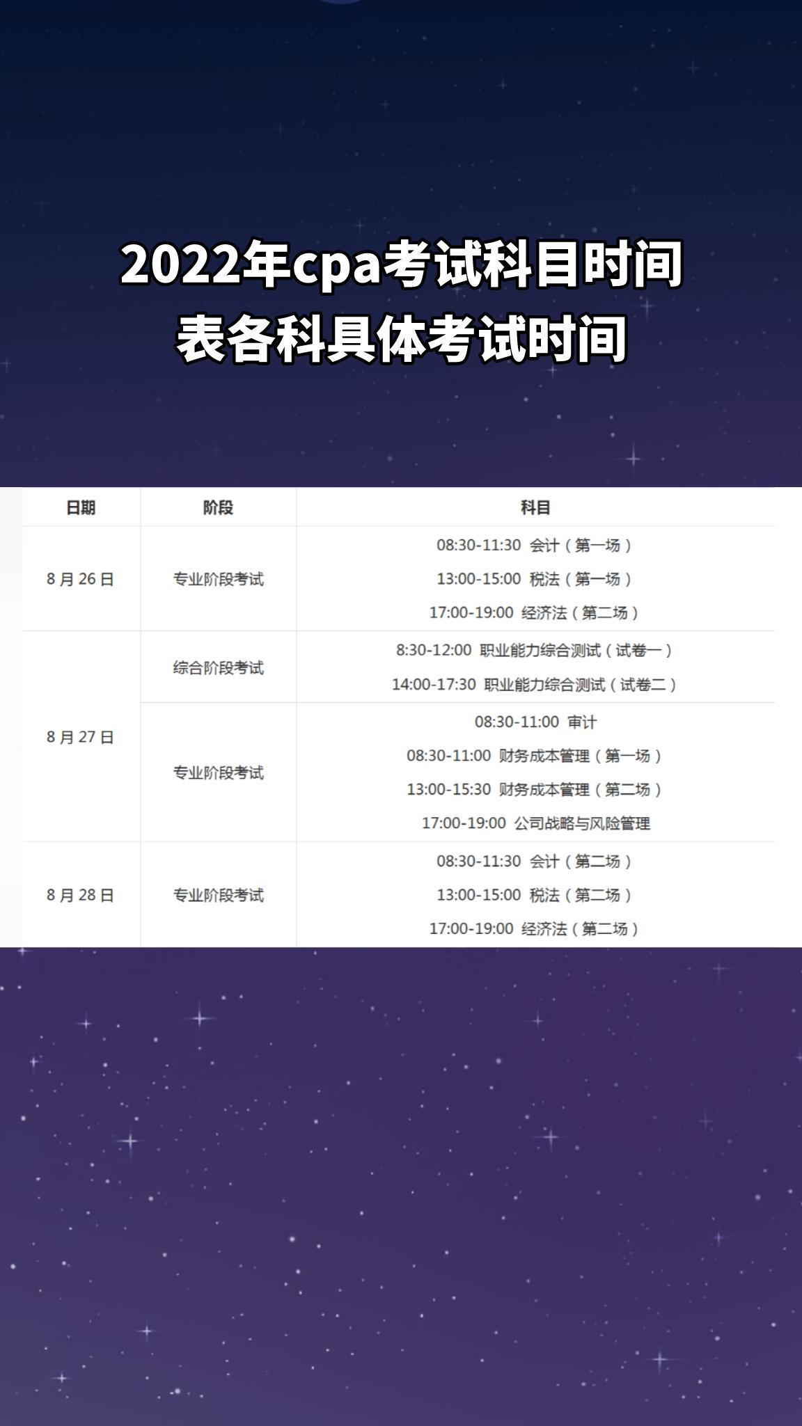 2022年cpa考试科目时间表各科具体考试时间