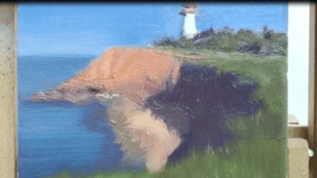 绘画一刻半: 油画课堂-海岛上的灯塔, 映着感觉有点孤独!