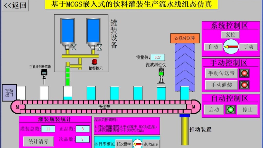MCGS嵌入式 饮料灌装生产流水线组态仿真 罐装流水线 MCGS通用版