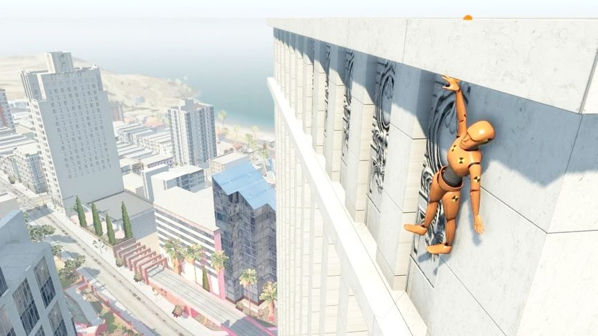 BeamNG:搞笑玩法,假人没有紧紧抓住从楼顶掉下去,拟真车祸模拟