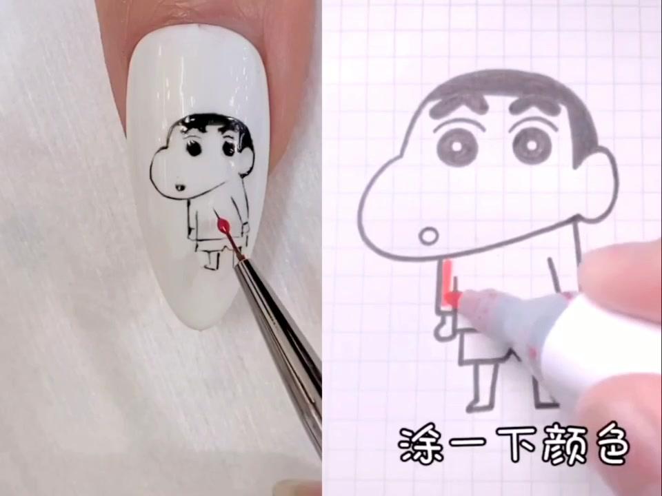和@简笔画 #合拍 ,画个勾,蜡笔小新来咯@抖音短视频 #美甲教程 #美甲...