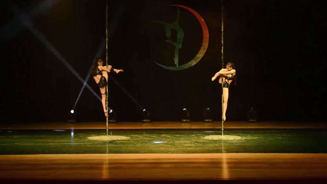 美女的诱惑!双人钢管舞演绎特工