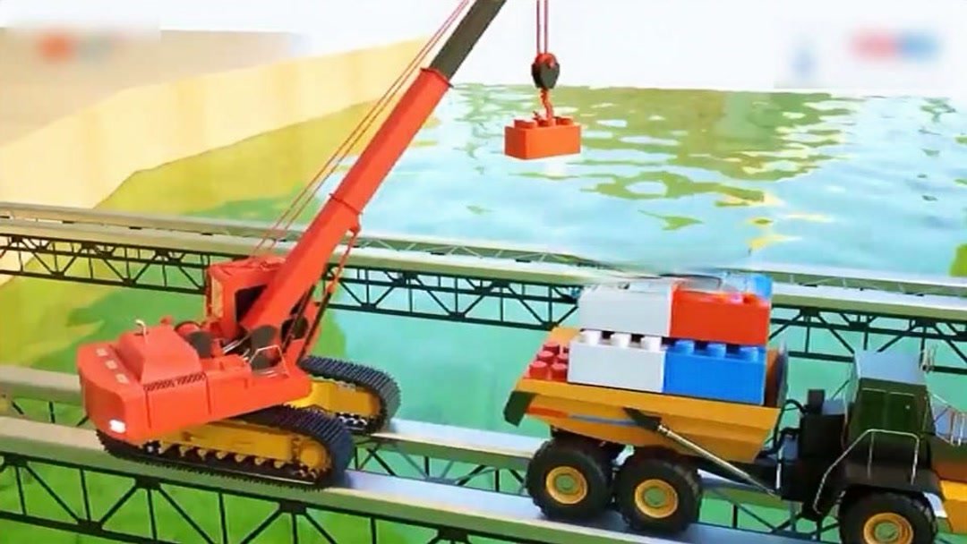 巨型吊车和卡车一起合力修建大桥儿童动画视频