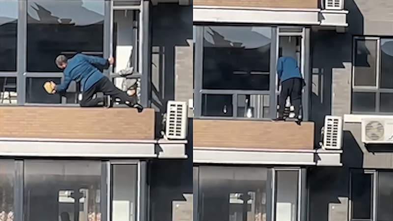 大爷站6楼窗外徒手擦玻璃,无任何防护擦了3小时,看着腿都打哆嗦