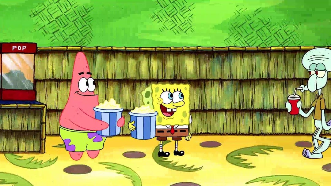 海绵动画:海绵看恐怖片,一直看到后半夜,吓的躲在椅子里