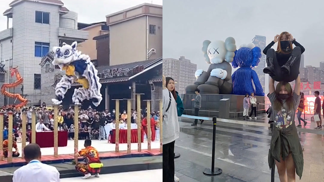 女子和朋友在旅行胜地留下舞狮专业动作 网友:太酷了!