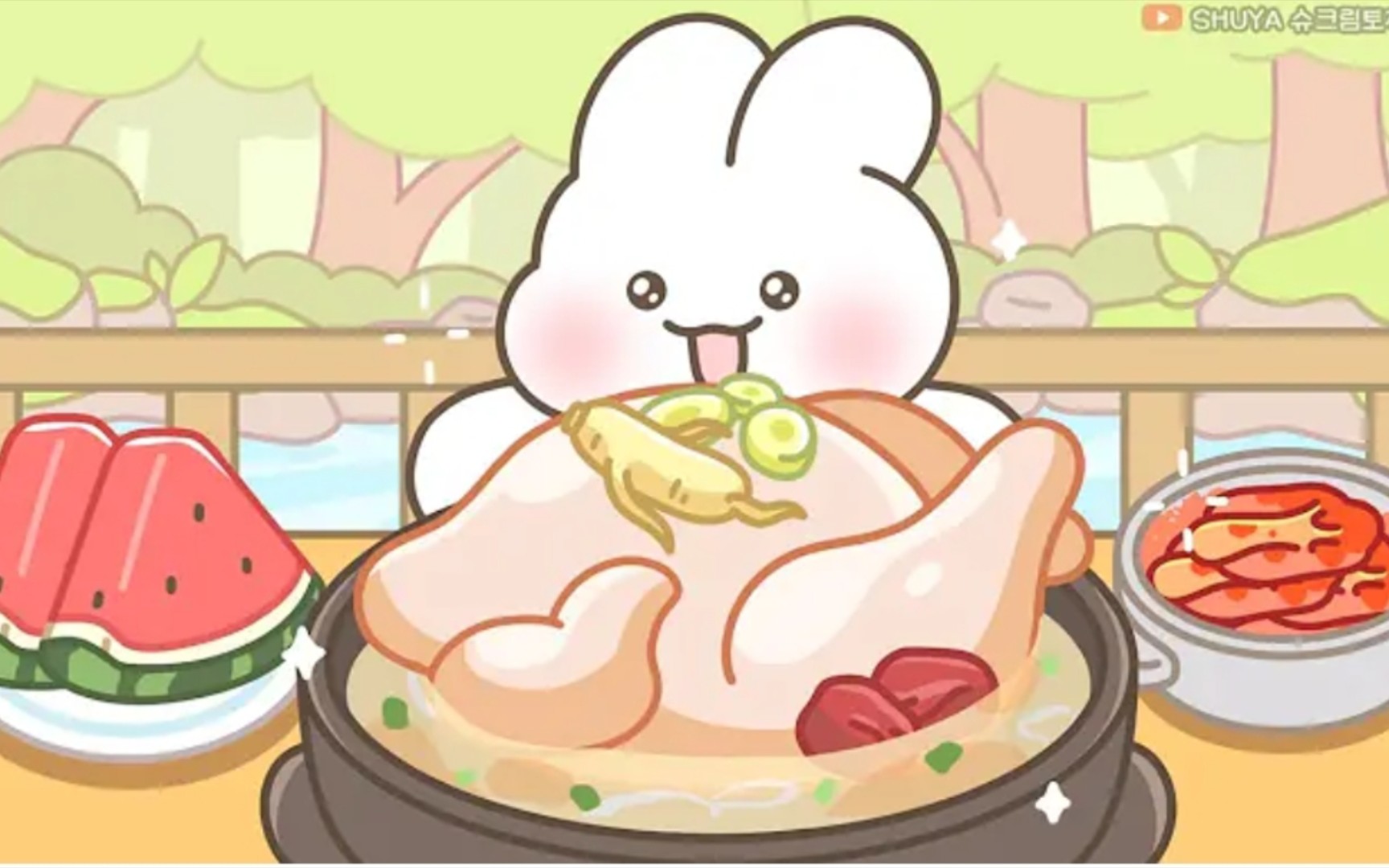 美食动画吃播来啦!今日份美食参鸡汤,泡菜、西瓜!