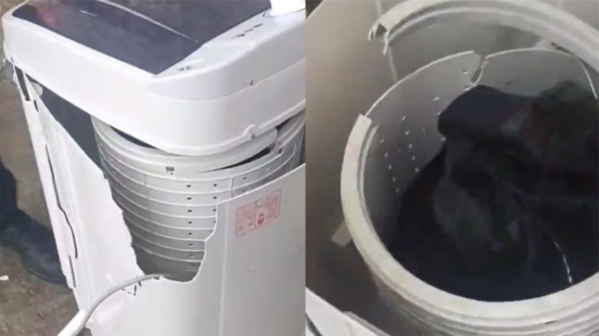 羽绒服脱水五秒突然爆炸,脱水机瞬间散架碎片乱飞,女子当场傻眼
