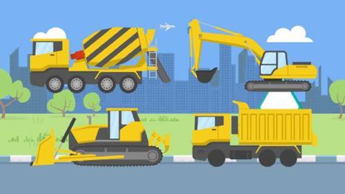工程车动画:推土机、挖掘机、搅拌车、施工车辆,儿童早教认知