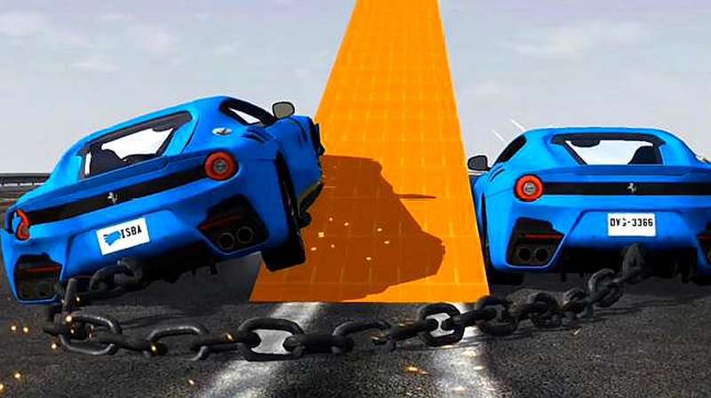 BeamNG:法拉利连接铁链开足马力一跃而起,拟真车祸模拟