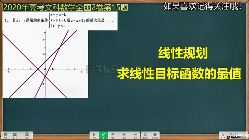 2020年高考文科数学全国2卷真题第15题,求线性目标函数的最值