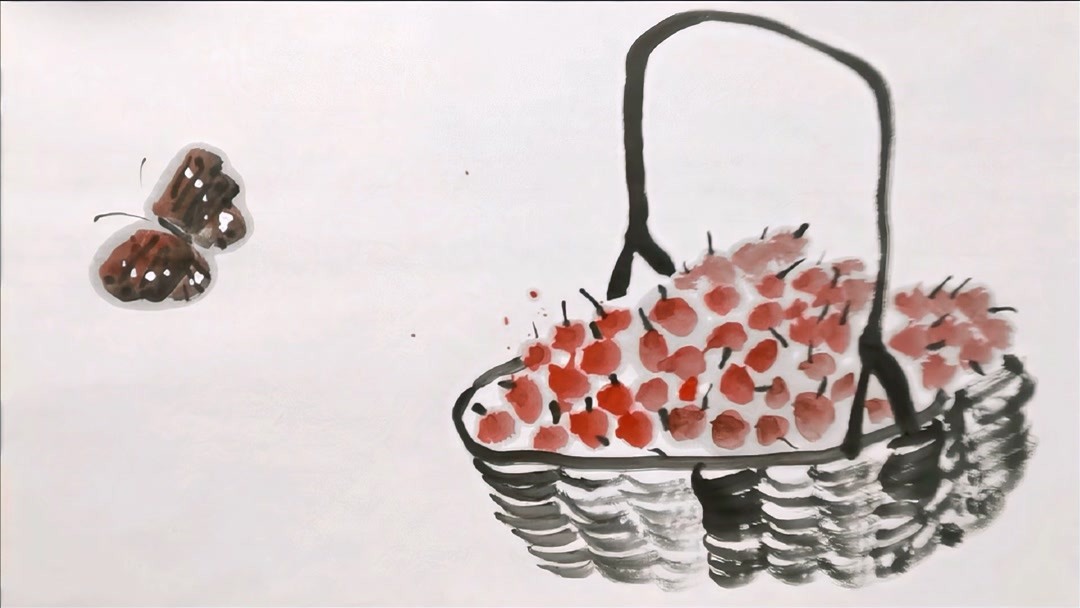 国画水墨画,一只蝴蝶在一篮子樱桃上方翩翩起舞
