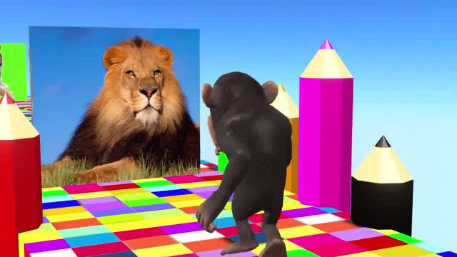 猴子跑步碰到动物积木,英语启蒙动画认识各种老虎、狮子动物