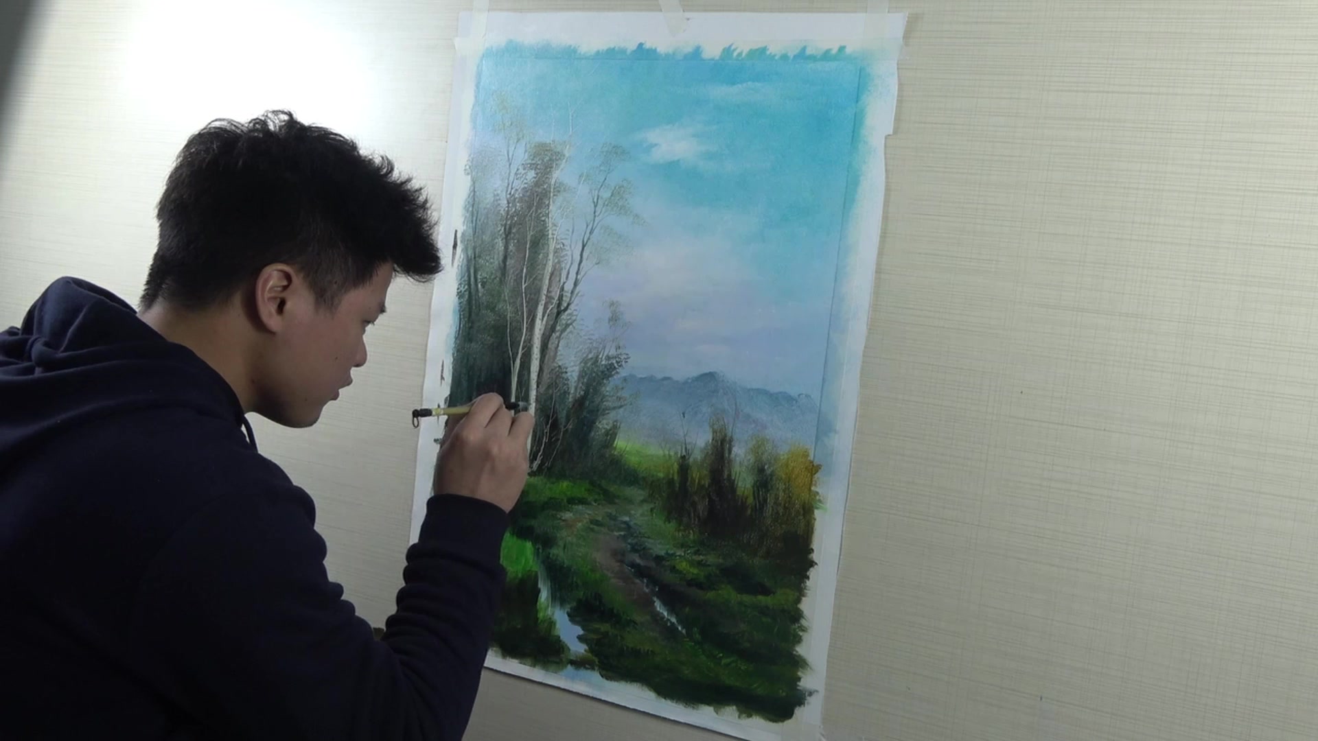 零基础学画画、自学画画、刀画教学视频之田园风景中白桦树的画法