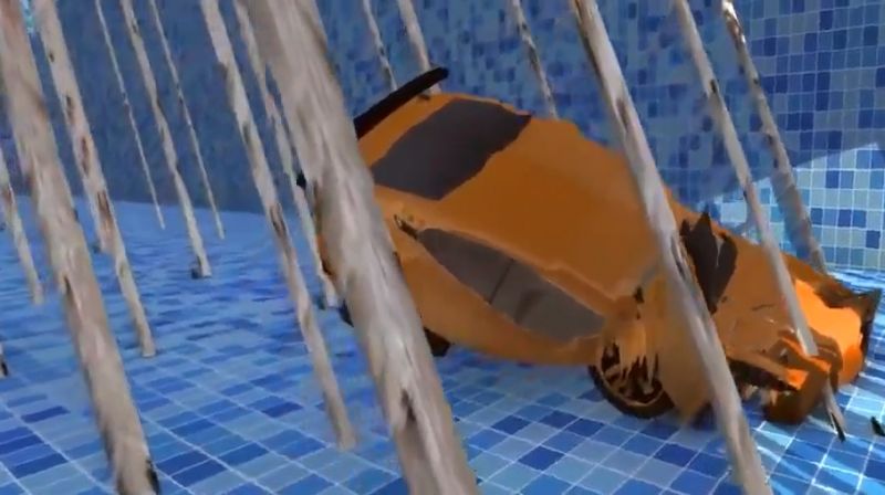 车祸模拟:汽车高速飞跃撞向千奇百怪的模型水池,这画面够酸爽吗