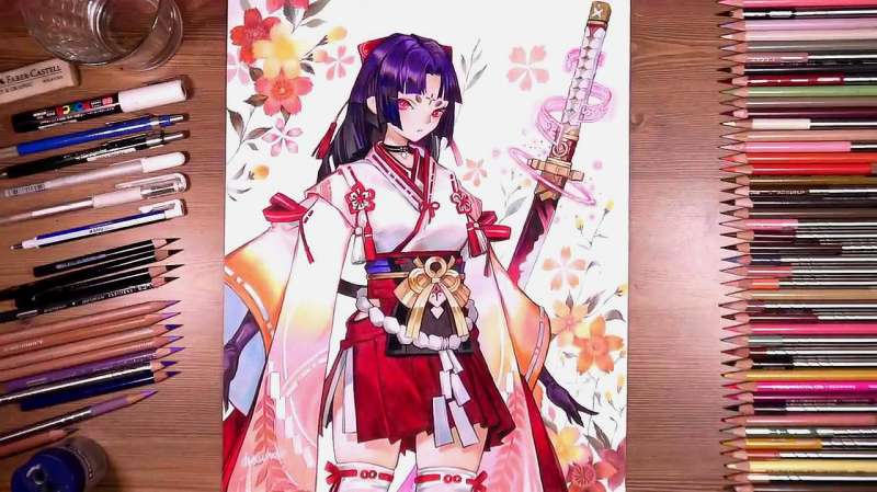 这位韩国插画师也玩阴阳师?看他用彩铅绘制的妖刀姬是不是超漂亮