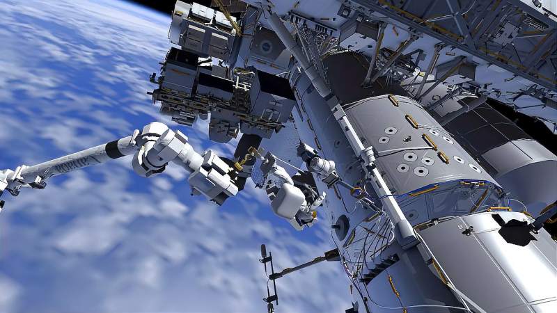 动画模拟宇航员太空行走安装电池中