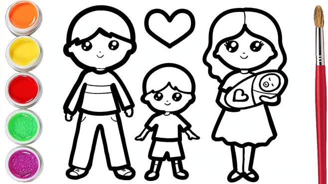 一家四口的简笔画教程,学会后你也可以画你的家,超级有爱