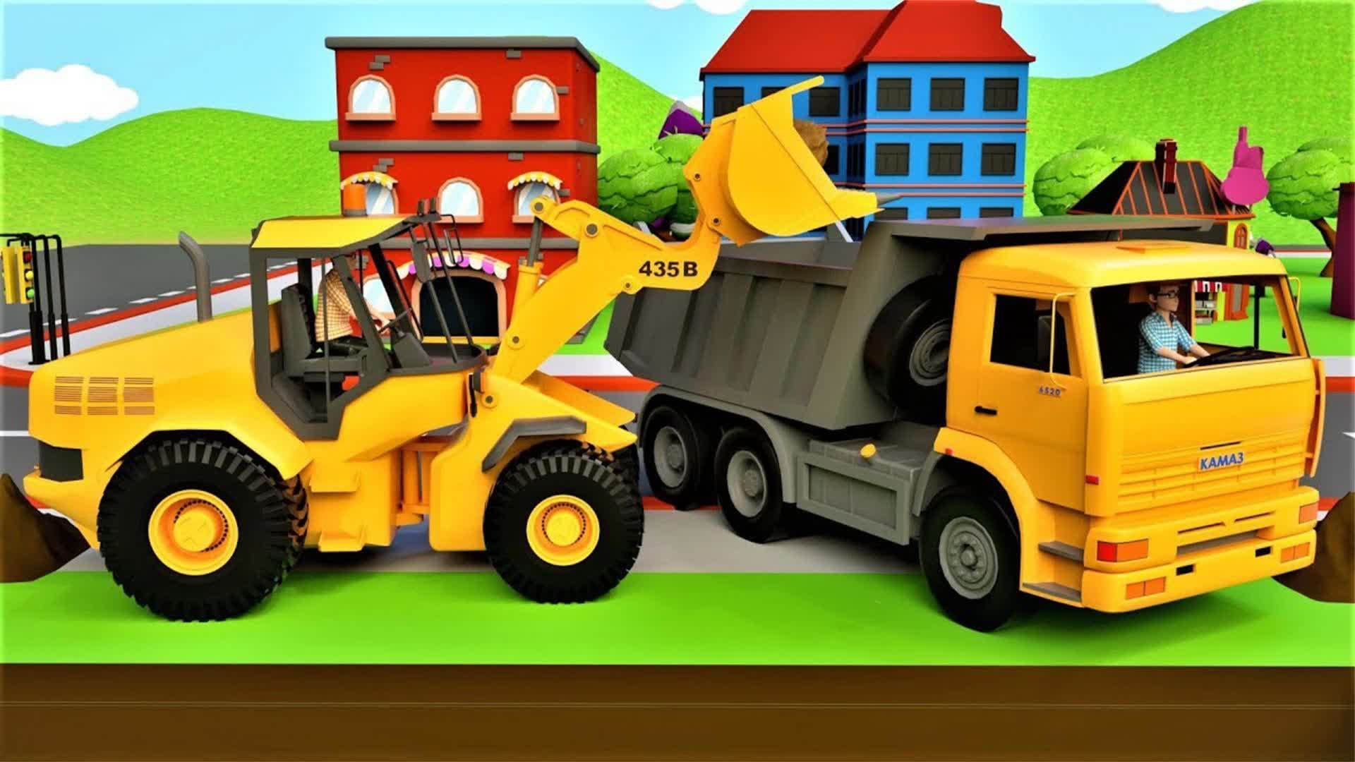 少儿益智:挖掘机和工程车修建花圃和农场,工程车表演视频动画
