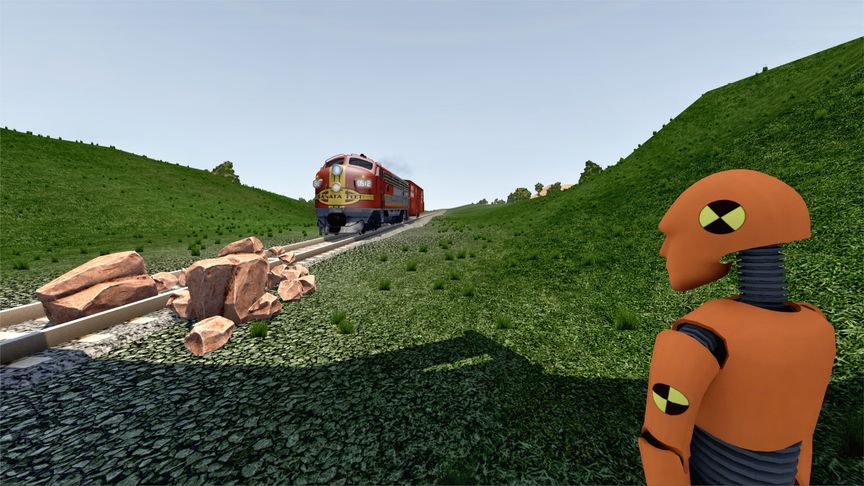 搞笑玩法,邪恶的假人用路虎车和大石块阻止火车,车祸模拟器