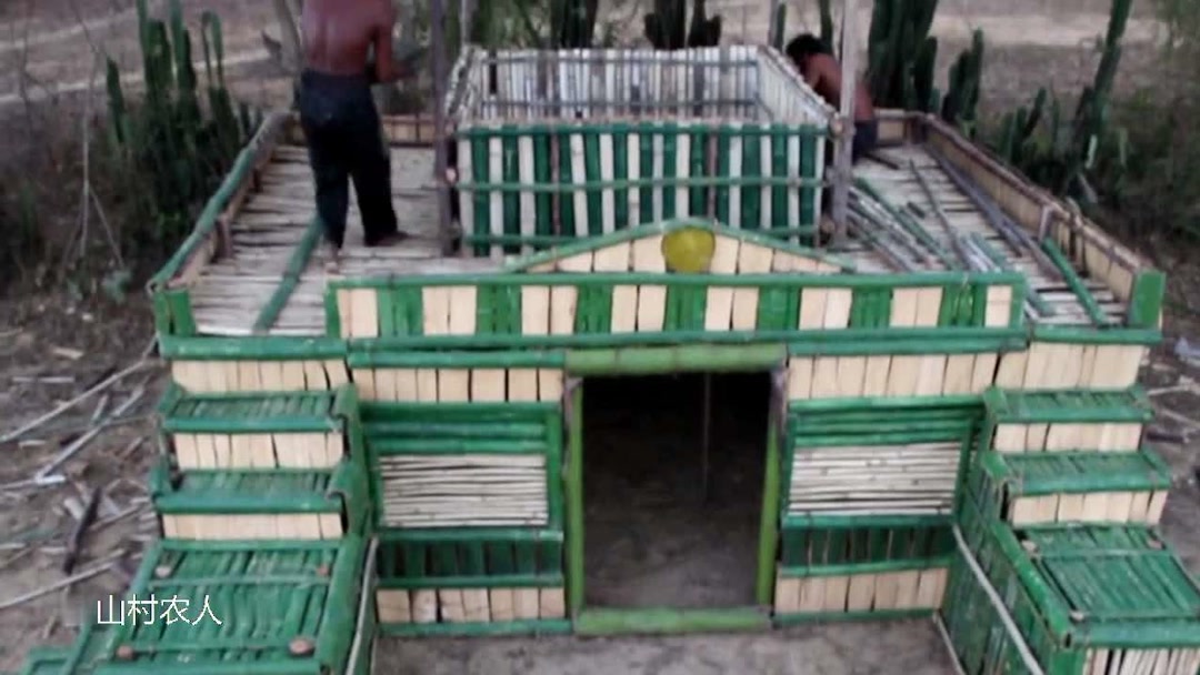 生存小哥建造了纯木质的木房子,楼顶上还弄了游泳池