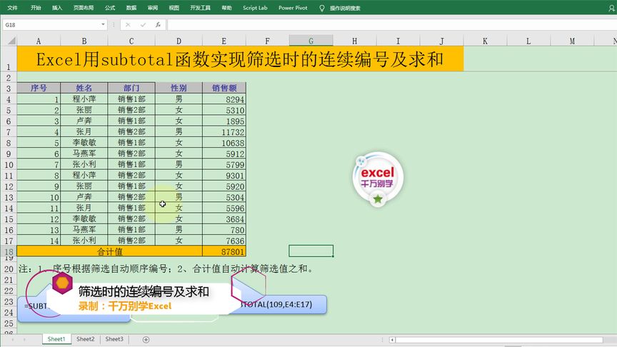 Excel中用subtotal函数实现筛选时的连续编号及求和,简单实用!