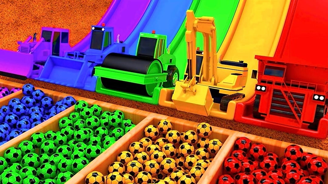 工程车益智动画:挖土车给巴士和拖拉机涂颜色