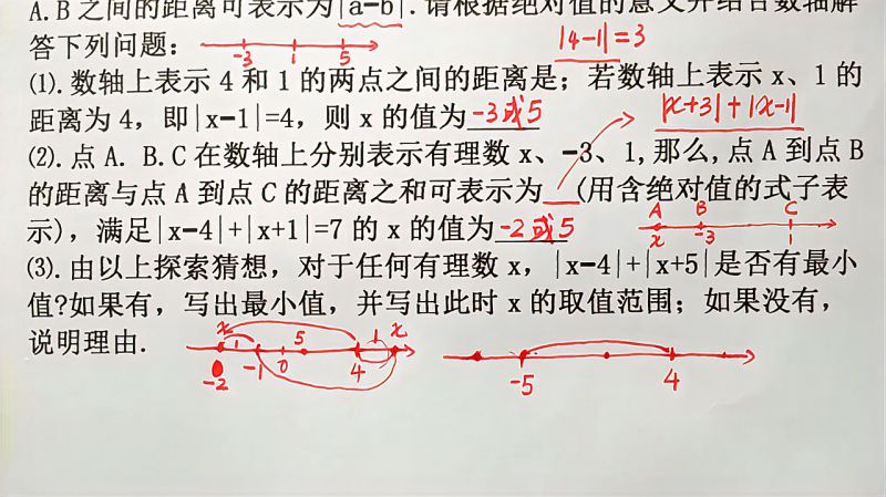 数学7上:若|x-4|+|x+1|=7,怎么求x的值?绝对值的几何意义培优