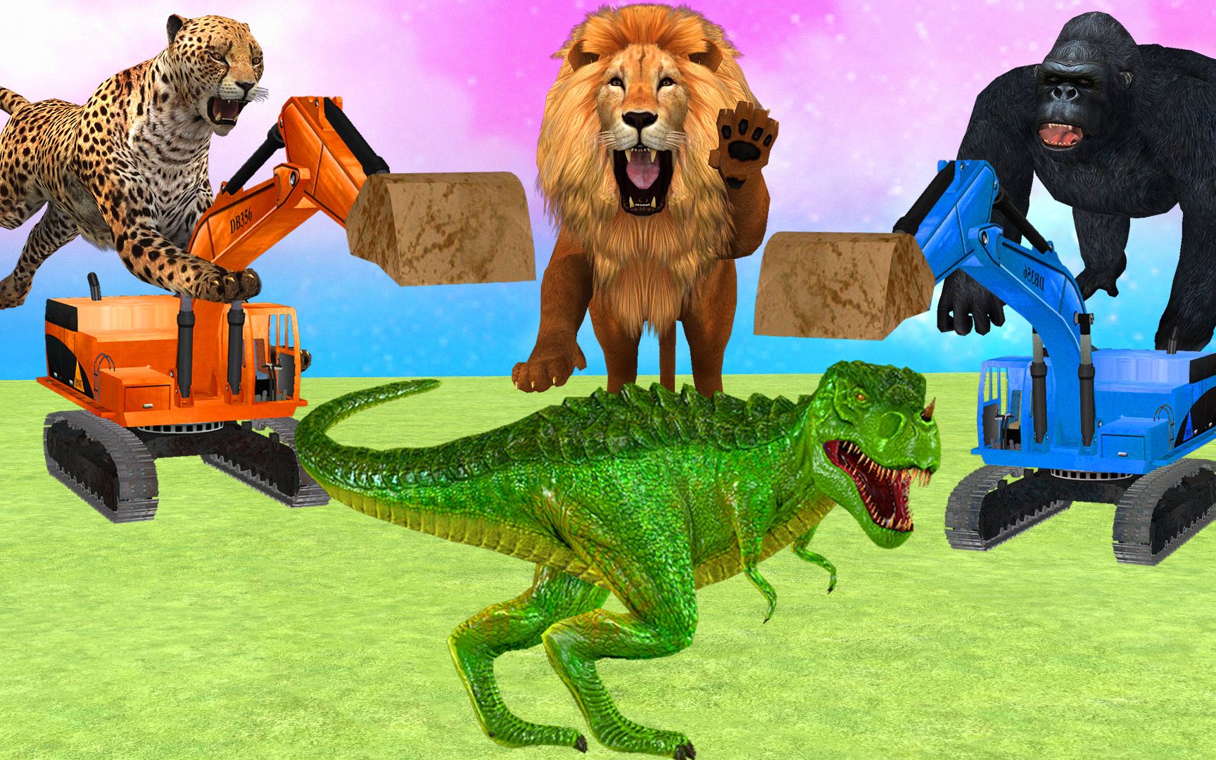 霸王龙来袭,快无敌啦,驾驶挖掘机打败它~学英语动画片