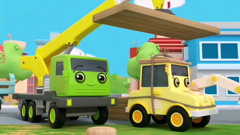 工程车动画:吊车要去水边的轮船上但是距离太远,只能建设一座桥