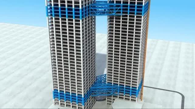 空中钢结构连廊在158米高空,进行1449吨钢结构安装,...