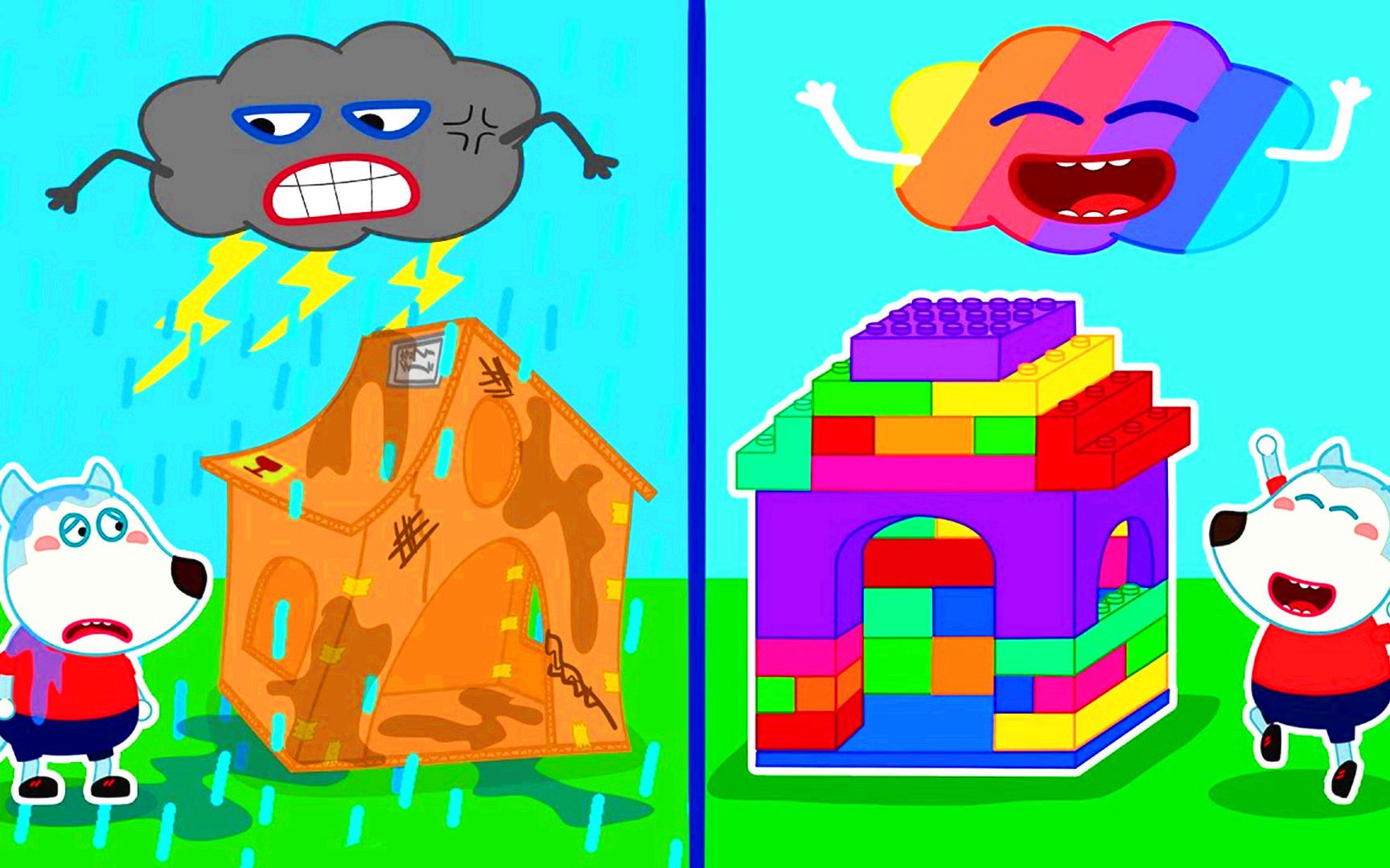 沃尔夫动画:积木VS木头 搭建的户外小屋,看看哪个更牢固呢?