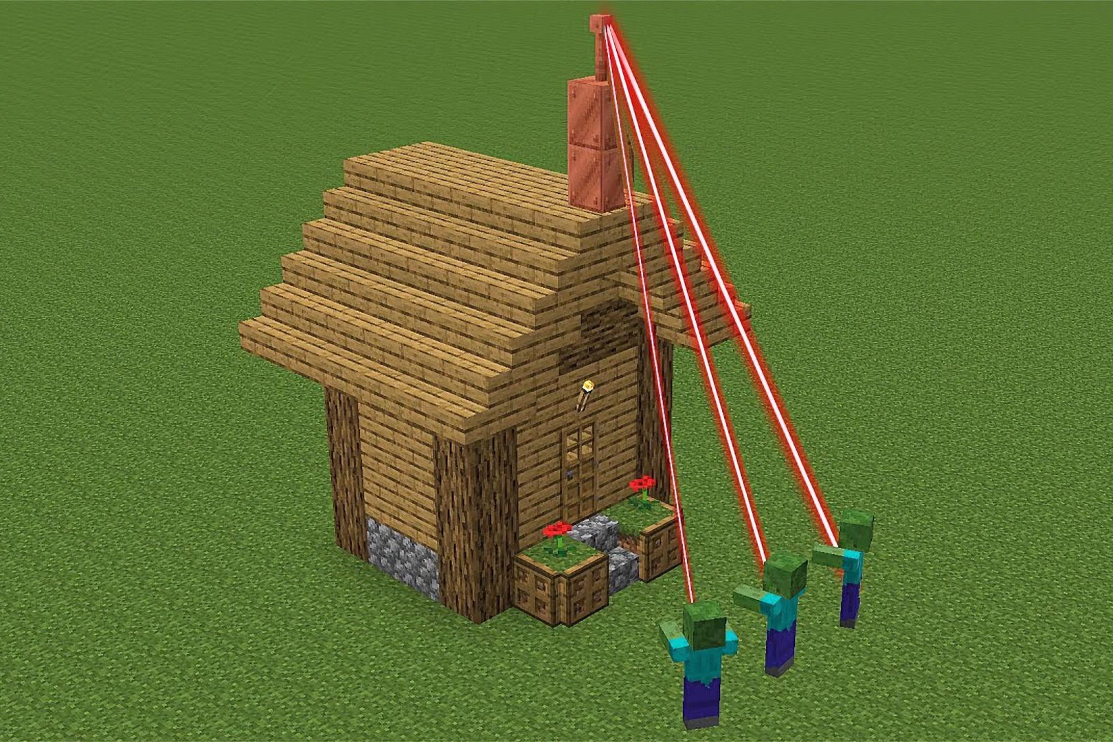 我的世界:在村庄中放一个防御塔,激光会将怪物全部打倒!