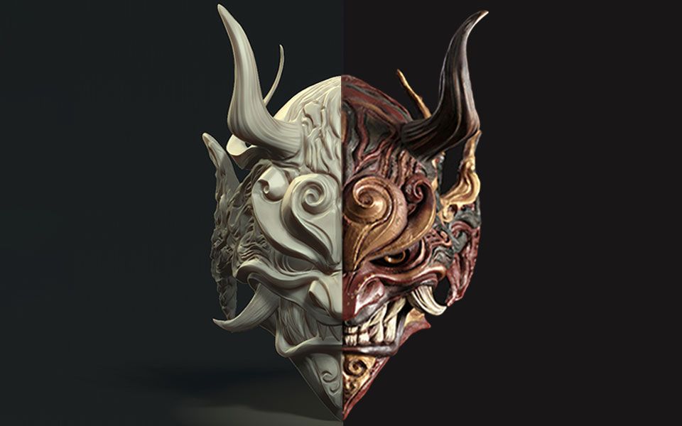 【zbrush教程】般若面具高模细雕!UV拆分,SP材质贴图,渲染全流程...