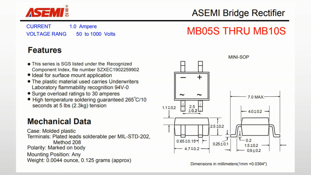 MB10S迷你桥堆 适配器充电器专用整流桥1A1000V电性参数 ASEMI