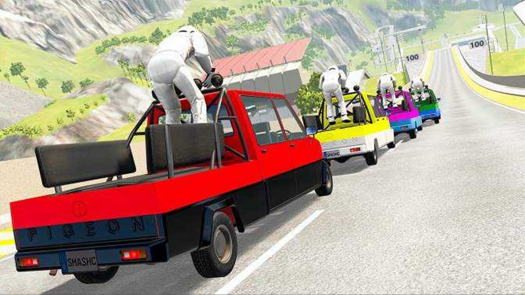 BeamNG:五彩迷你皮卡车开足马力从超长斜坡上冲下去,画面酸爽
