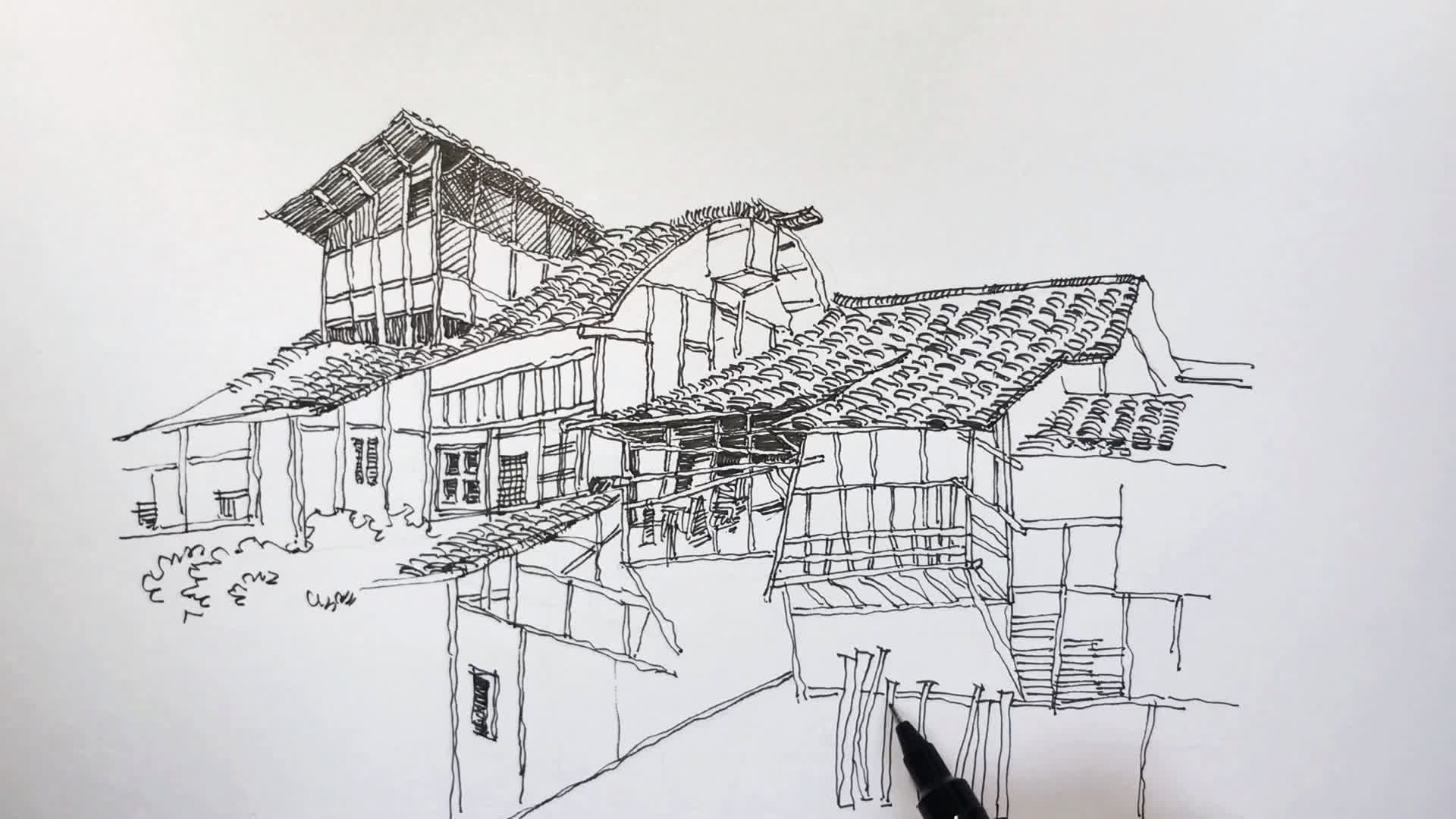 农家小院钢笔画风景速写,先画整体还是先画局部?分享手绘技法