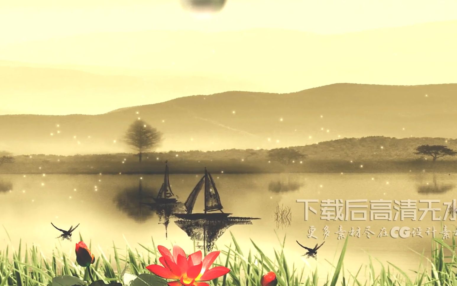 s942 中国风水墨江南竹子河水LED舞台视频ae模板 会声会影 视频...