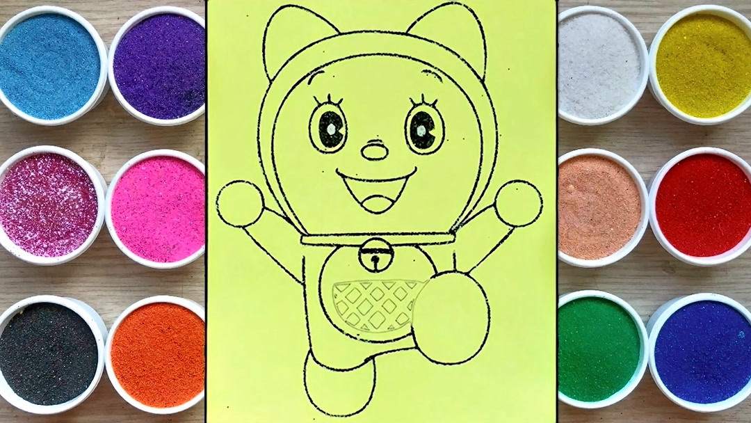 简笔画DIY:用彩色沙彩绘可爱的叮当猫,它是哆啦A梦的好朋友!