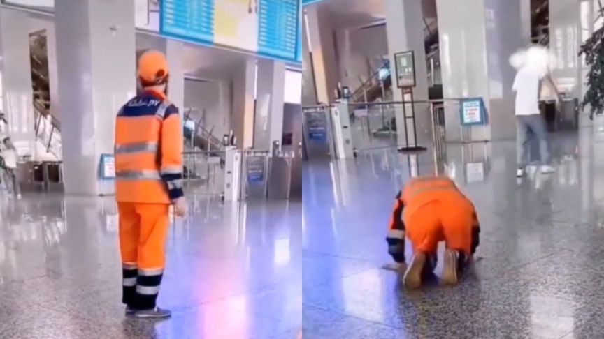 保洁倾倒瓶内液体溅到乘客,被要求赔偿后下跪道歉,民警协调和解