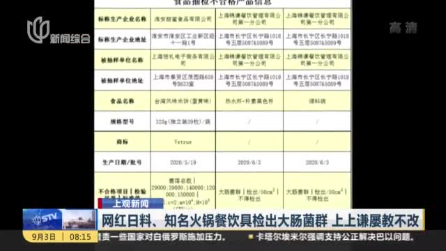 上观新闻:网红日料、知名火锅餐饮具检出大肠菌群 上上谦屡教不改