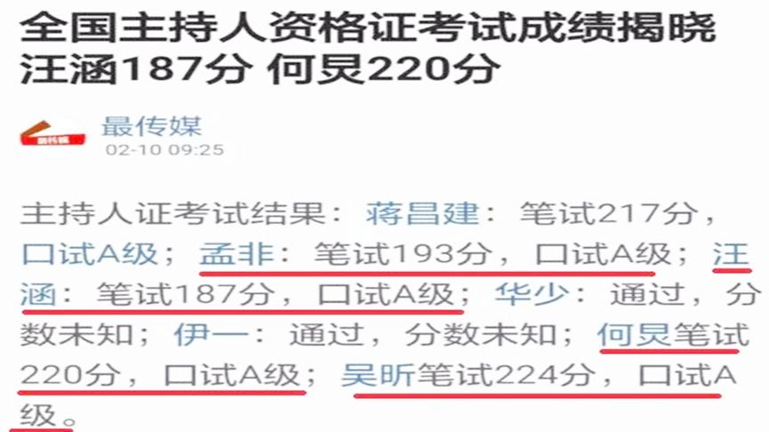 主持人资格考试结果:汪涵分数最低,何炅排第二,第一名意想不到