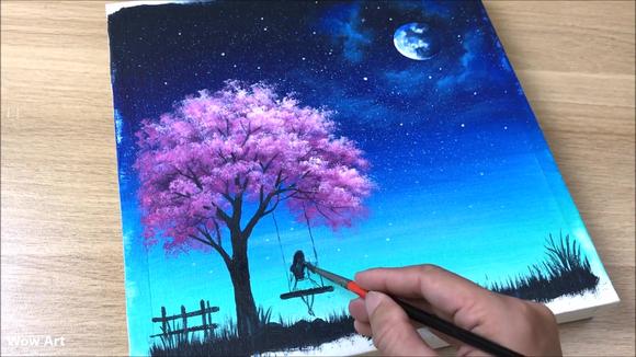 画樱花树下荡秋千的女孩和弹钢琴的男孩,绘画教程