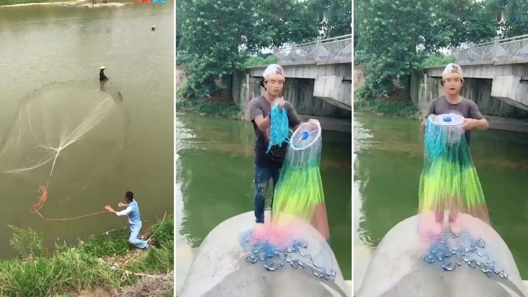 户外网鱼完美撒网教程, 飞盘式渔网抛网必学技能, 这姿势够帅!