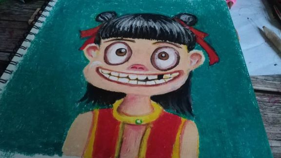 沐沐用油画棒画出卡通大嘴女孩,大家觉得她漂亮吗?