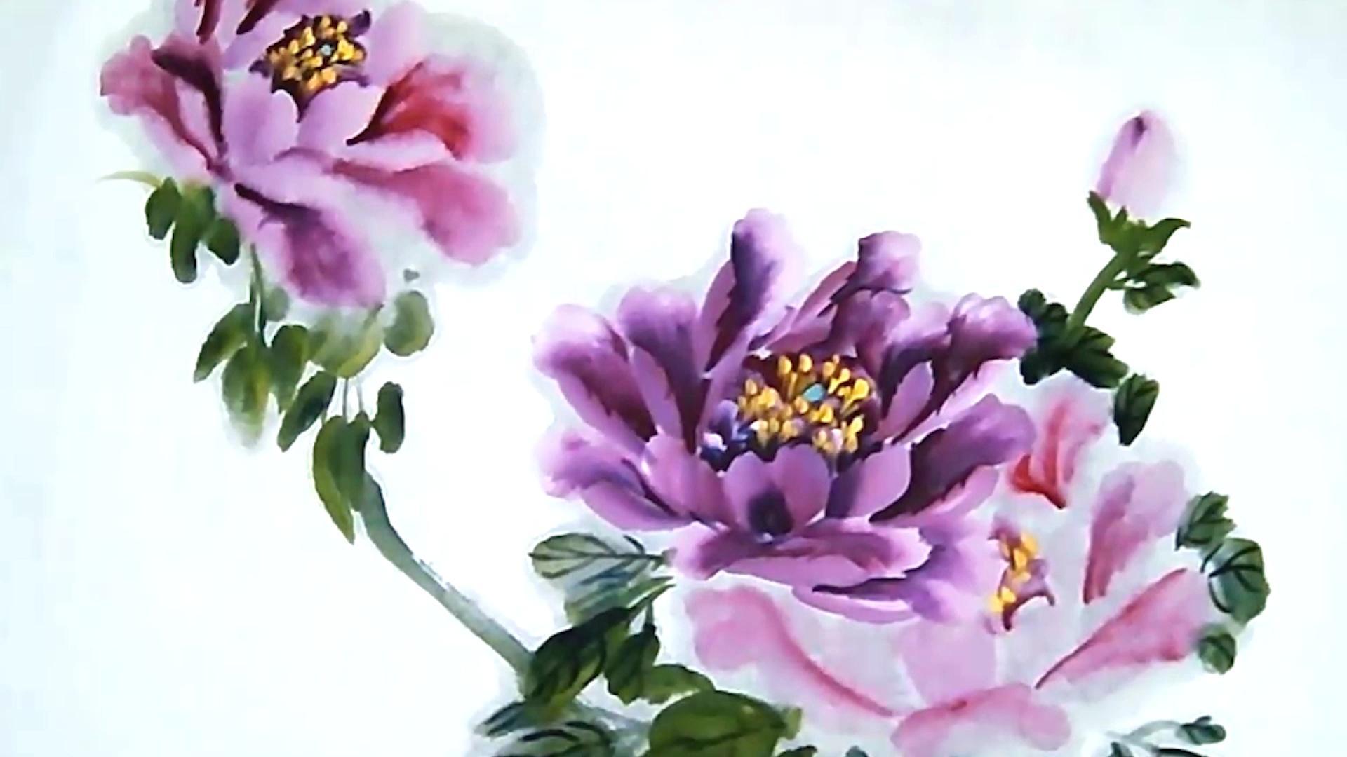 写意画紫牡丹枝叶技法分享,笔法清晰.