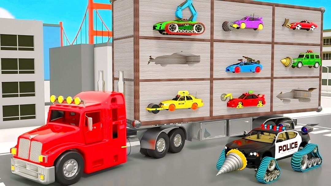 工程车卡通 大卡车接送救护车和搅拌车