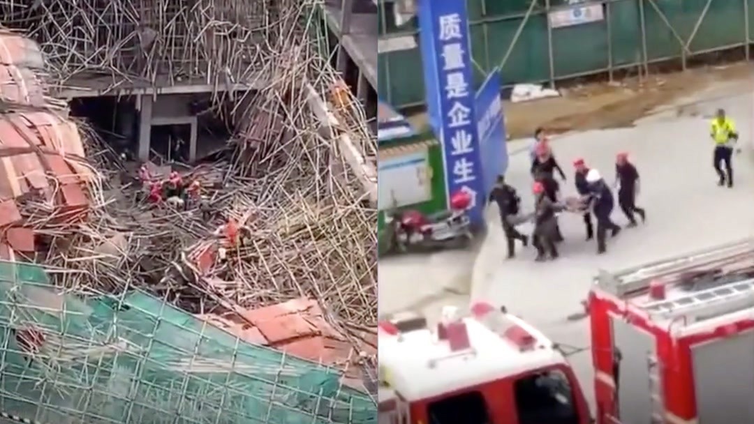 一施工工地支架垮塌 现场塌出一个大坑