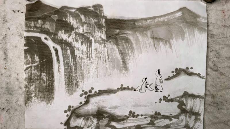 简单易学的山水画,云山观瀑图